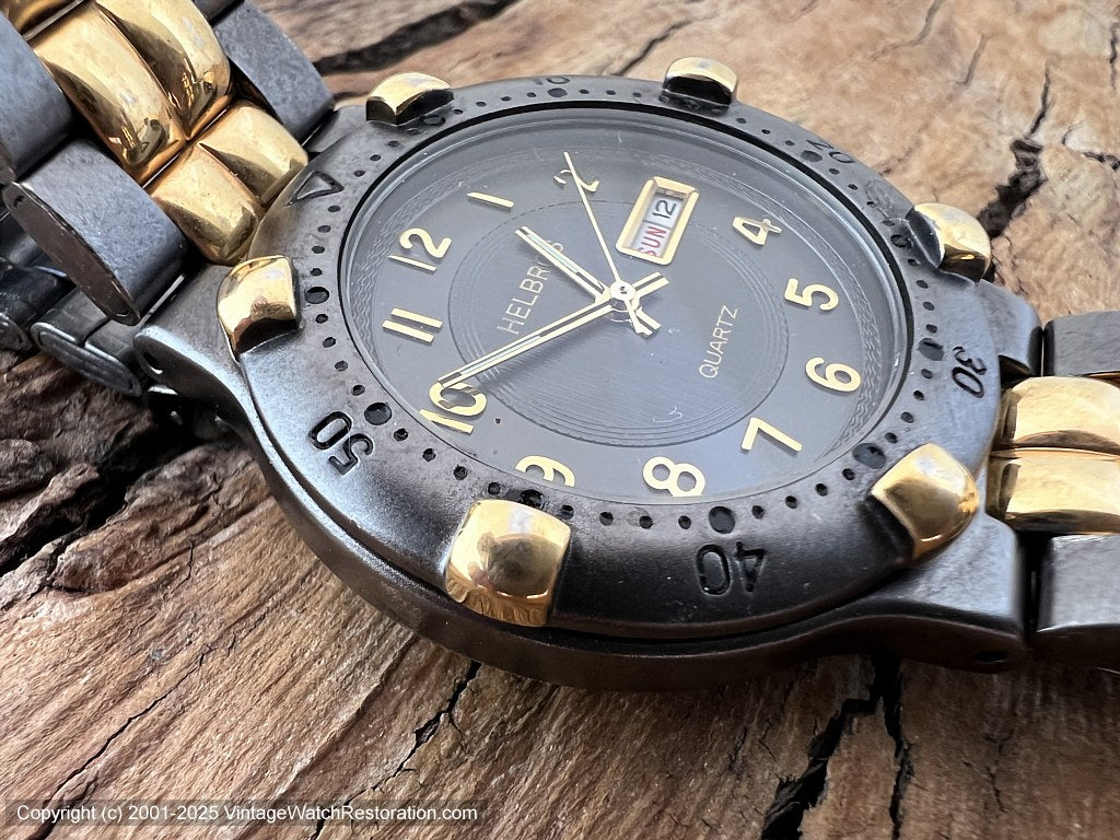 Helbros NOS Day-Date Chunky Gold and Gray Bezel and Bracelet, Quartz ...