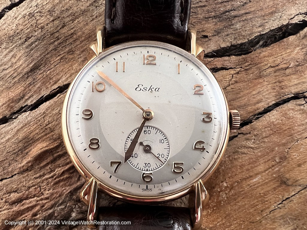 Eska Two-Tone Dial Beauty in an all 18K Gold Case with Bold Deco Lugs ...