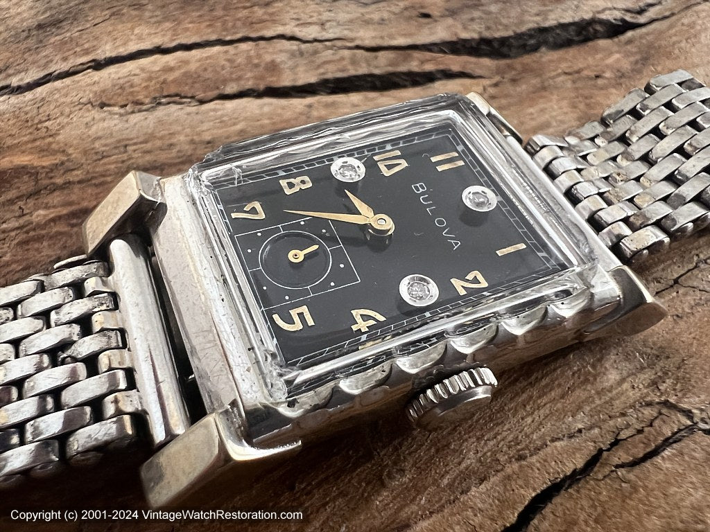 Bulova Black Dial Gold Numerals with 'Diamonds' and Decorative Rectang ...