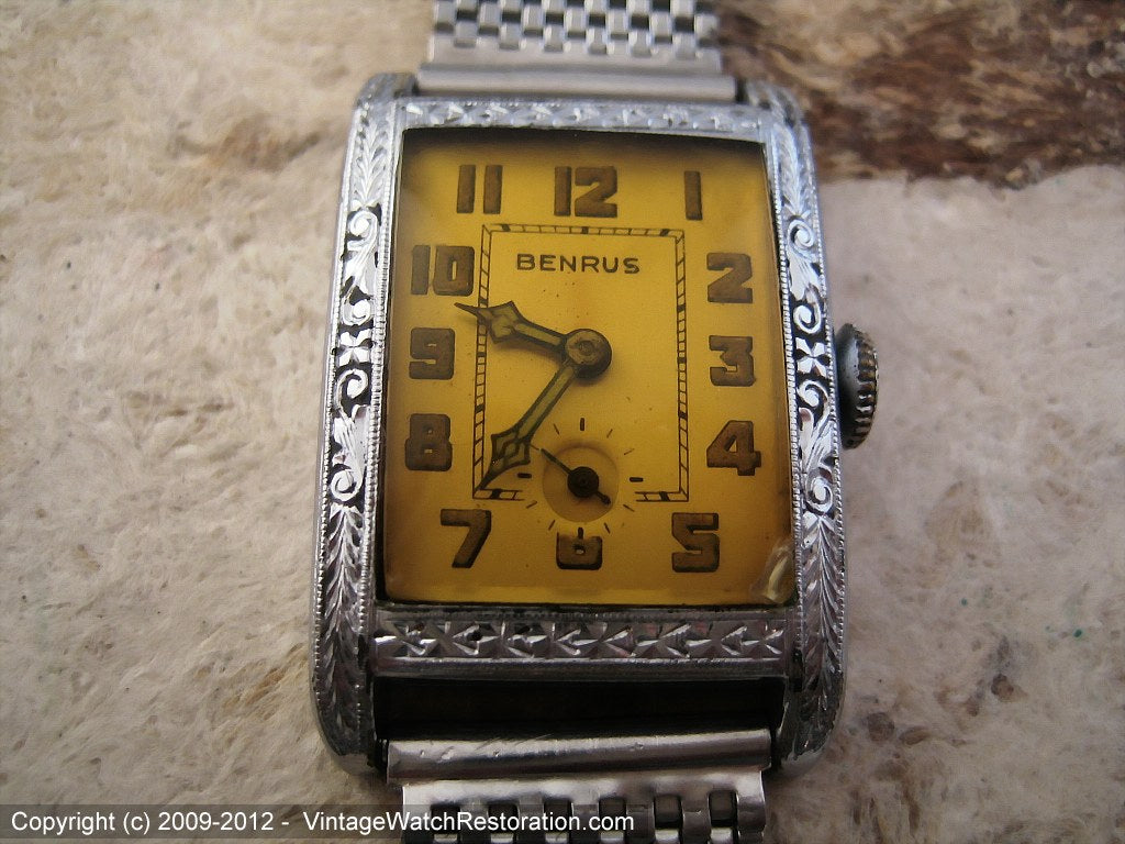 Benrus Tank with Decorative White Gold Filled Case and Amber Crystal ...