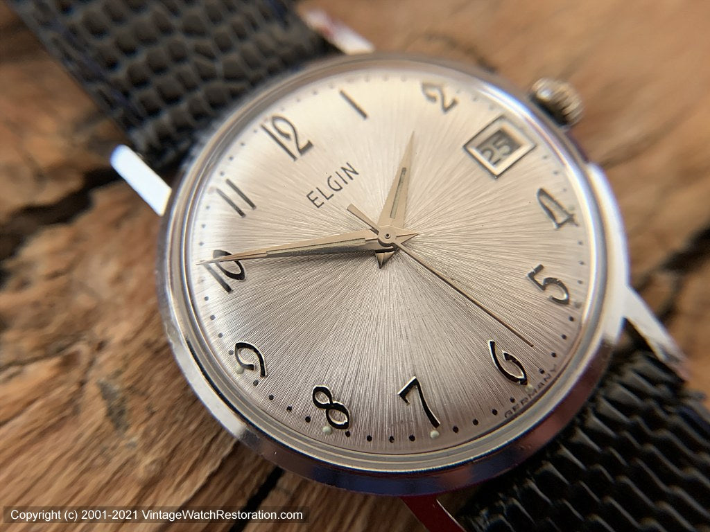 Elgin Silver Sunburst Textured Dial with Date, German-Made, Manual, 33 ...