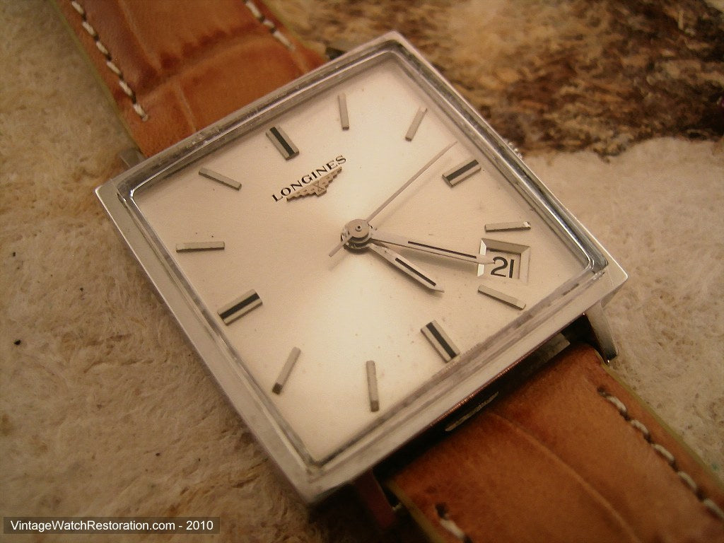 Large Square Longines Silver with Date at 4:30, Manual, 29x29mm ...