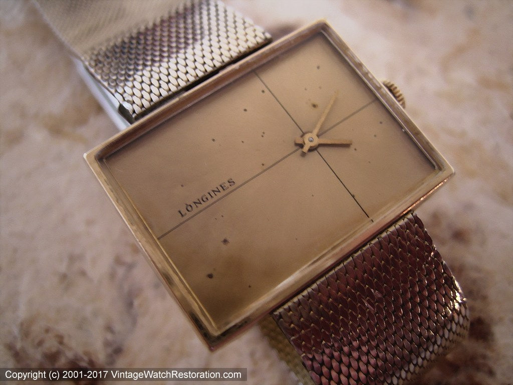Longines 'Modern Style' Rectangular w/ Incredible Original Golden Mesh ...