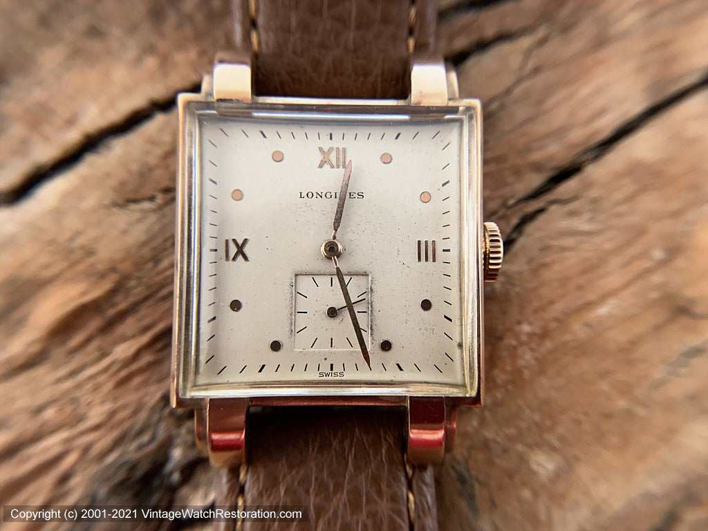 Longines 14K Gold Square Case, Double Bear Claw Lugs, Roman Numeral Di ...